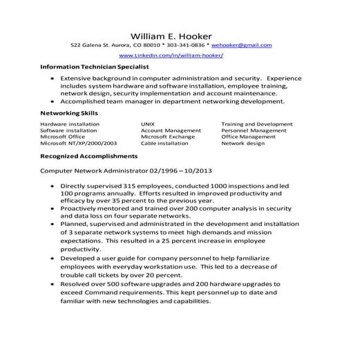 William E hooker resume2 | DOCX | Computing | Technology & Computing