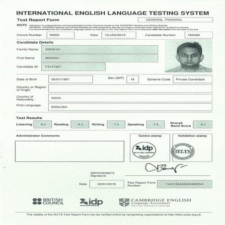 Manish IELTS scorecard | PDF