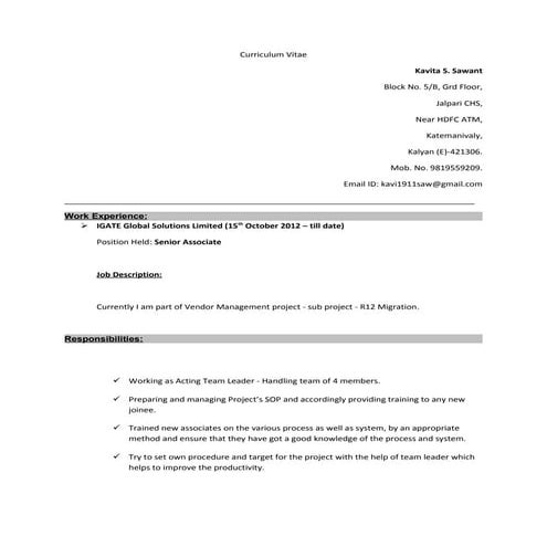 Resume Kavita Sawant | PDF