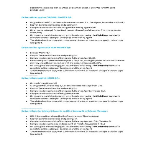 2... DOCUMENTS REQUIRED FOR ISSUANCE OF DELIVERY ORDER GATEPASS GPKIMP ...