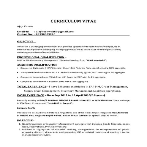 Profile for Store & Purchase Department_Exp.9.6 Years | DOCX