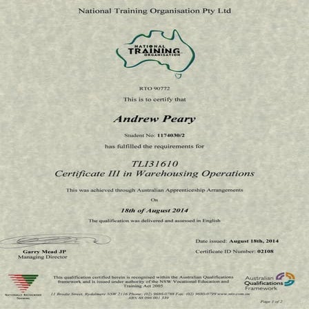 Cert 3 Warehousing Front | PDF