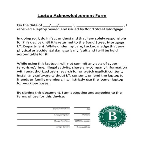 Laptop Acknowledgement Form | DOCX