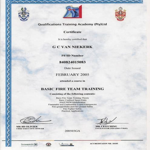 Fire Fighting Certificate 1 | PDF
