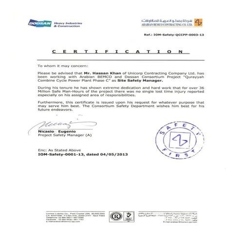 Bemco Experience Certificate QCCPP II | PDF