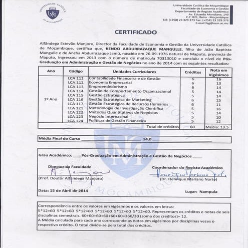 POS-GRADUATE CERTIFICATE - KENDO MANGULLE | PDF