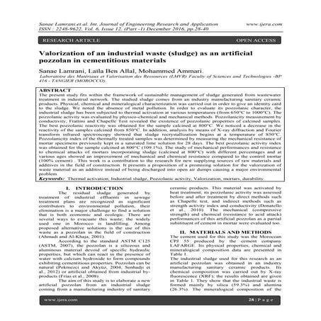 Valorization of an industrial waste (sludge) as an artificial pozzolan in cementitious materials ...