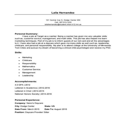 resume | DOCX | Daycare and Pre-School | Parenting