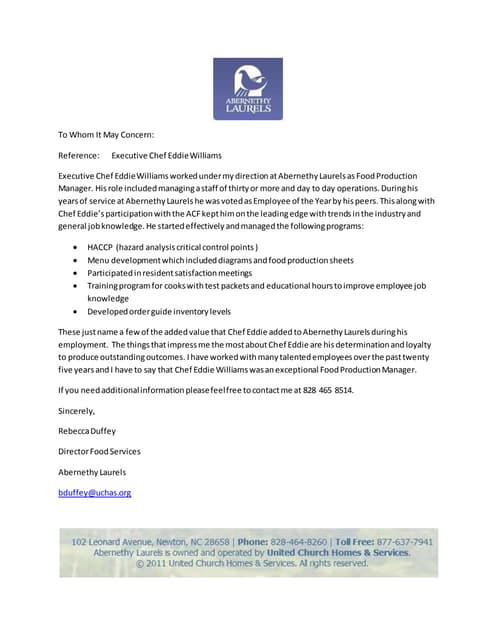 Reference Letter Executive Chef | PDF | Business | Business and Finance