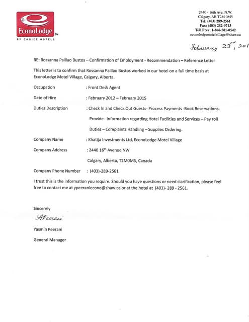 Recommendation Letter The Ritz Carlton Hotel