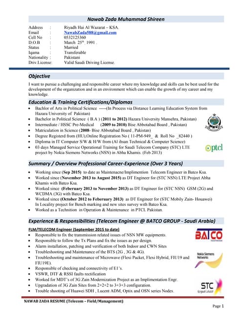 Nawab Zada, Drive test engineer at Batco telecom company