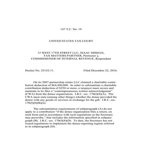 US tax court 15 West 17th - re charitable receipt cws and easement ...