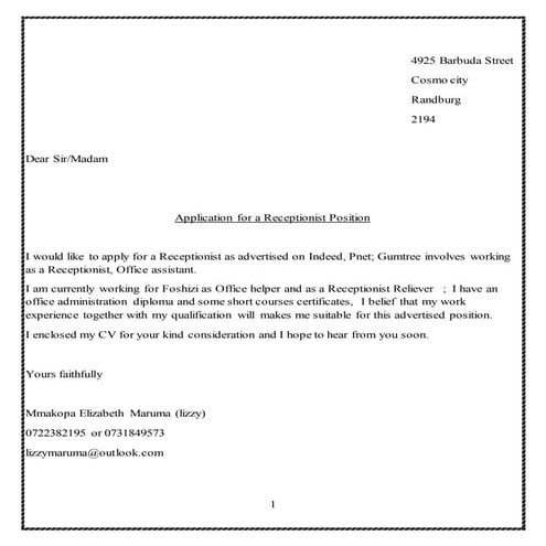 Application for Receptionist Position (1) | PDF