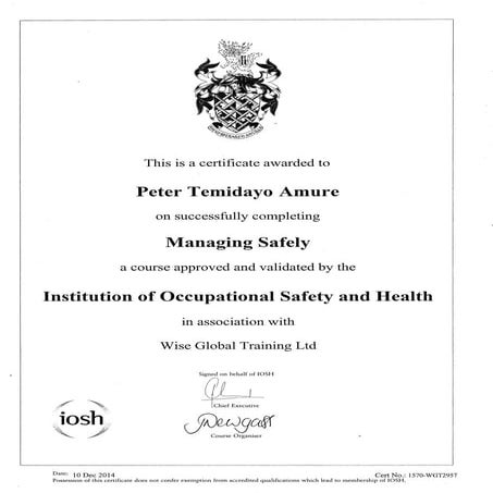 IOSH MANAGING SAFELY CERTIFICATE | PDF