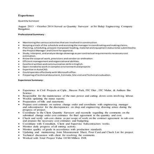 Quantity Surveyor CV | PDF