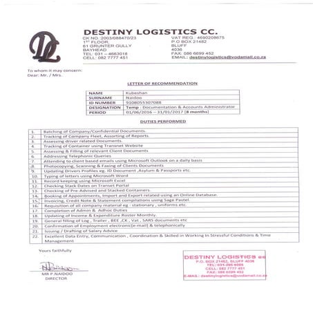 Destiny Logistics - Reference Letter | PDF