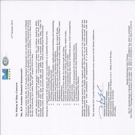 Service Letter - 5 Upper Kotmale Hydro Power Project | PDF