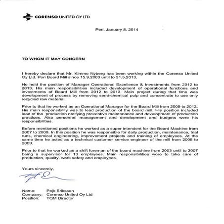 Reference Letter - Corenso United Oy Ltd | PDF