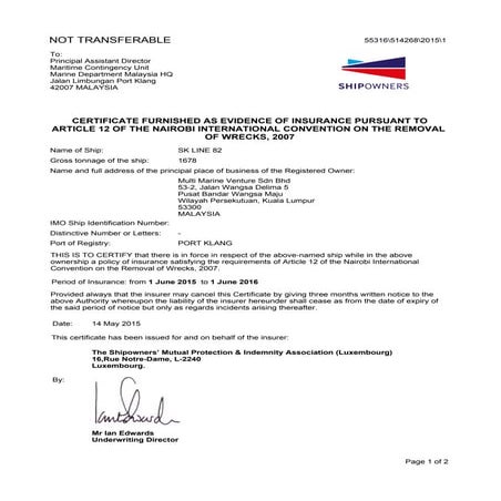 P&I_CERTIFICATE FURNISHED AS EVIDENCE OF INSURANCE PURSUANT_SK LINE 82 | PDF