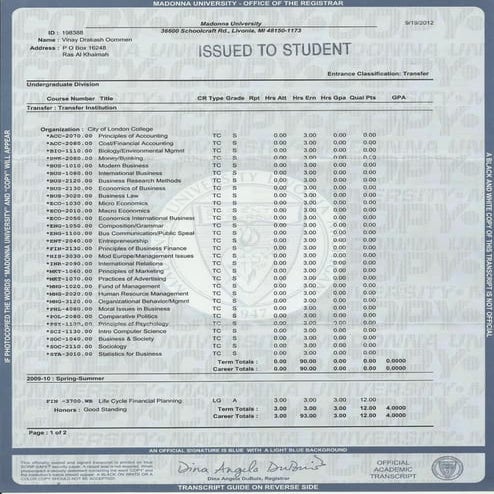 Madonna University Transfer & Transcript | PDF