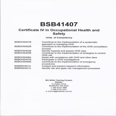 Cert IV OHS BSB41407 Unit of Competency | PDF