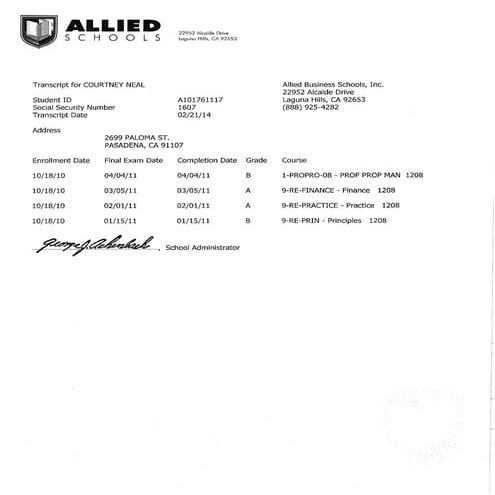 Allied Business School Transcripts | PDF