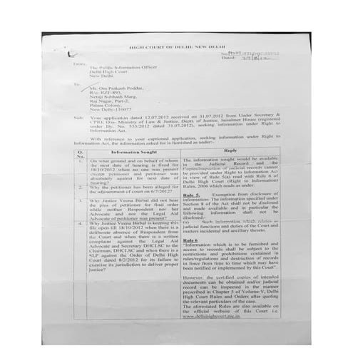 RTI reply by PIO High Court of Delhi_27_08_2012 | PDF