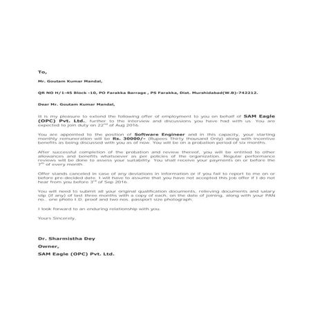 SAM offer letter-Mr. Goutam Kumar Mandal | PDF