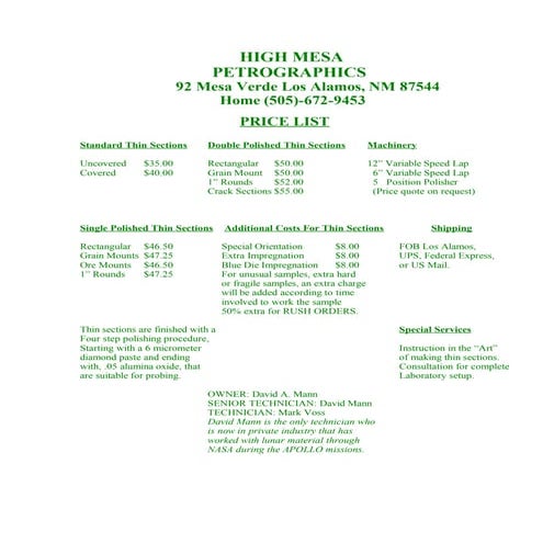 High mesa price list 2015 | DOC | Space and Astronomy | Science