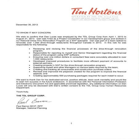 Tim Hortons - Letter of Reference | PDF