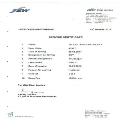 jsw experience letter | PDF