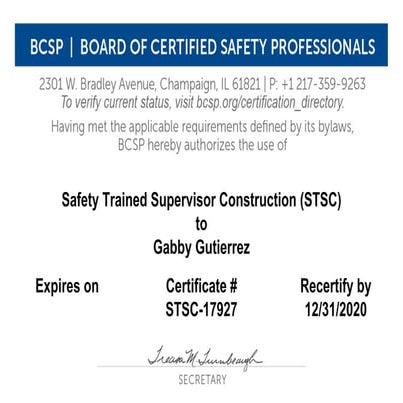 Gabby Gutierrez-BCSP-STSC Certificate | PDF