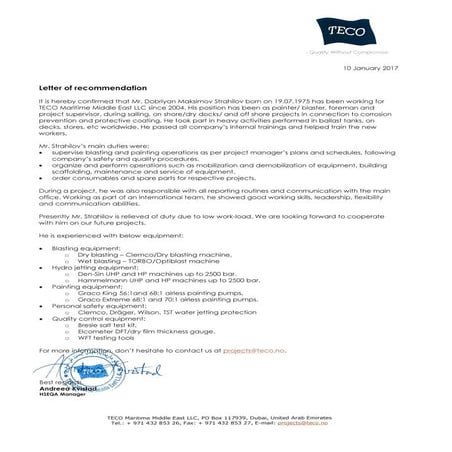 TECO Letter of recommendation Dobryian Strahilov 10 01 17 | PDF