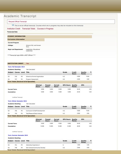 Unofficial transcript | PDF | Professional School | Postgraduate Education
