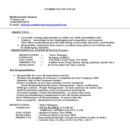 Resume for Store incharge | DOC