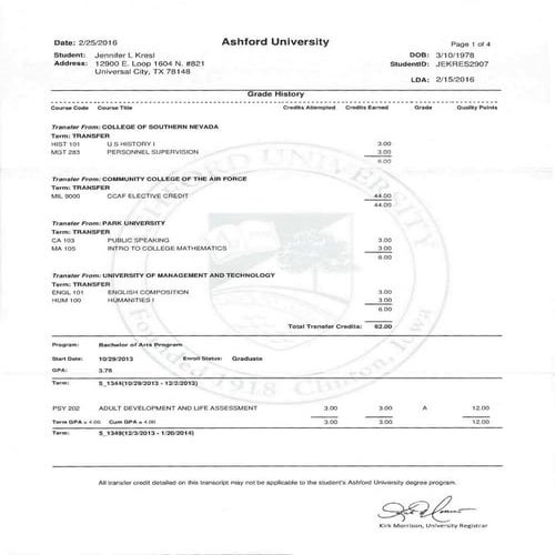 Ashford University Transcript | PDF