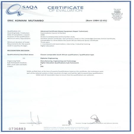 SAQA Certificate