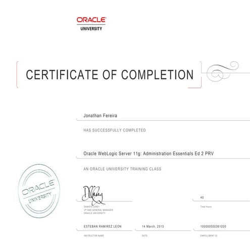Certificate Oracle WebLogic -Jonathan Fereira | PDF