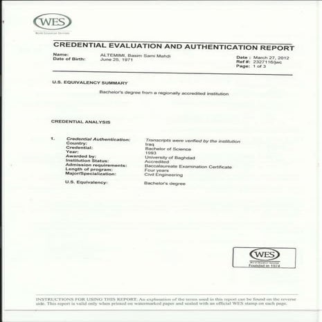 WES Credential Evaluation | PDF