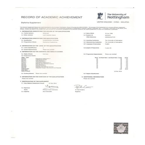 Uni. of Nottingham transcripts - LIYTH ALHAMZAH year 1 | PDF