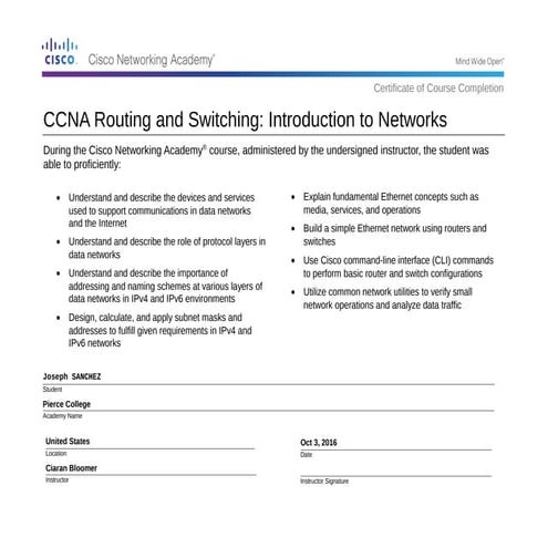 CCNA Introduction to Networks Cerificate of completion | PDF | Computer Networking | Computing