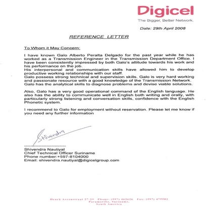 Digicel 2008 reference letter_Galo Peralta | PDF