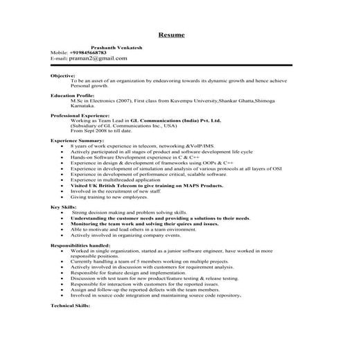Resume 8 Yrs.Exp. c c++,Telecom | DOC