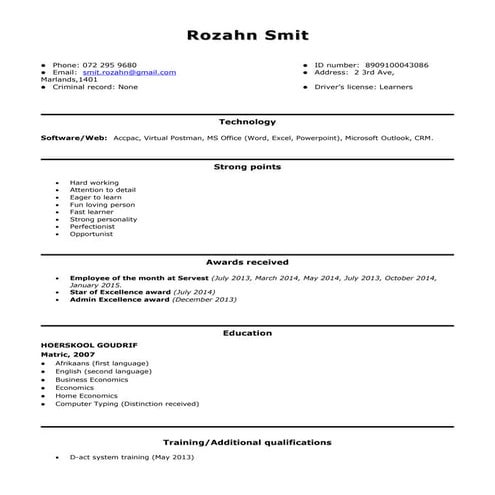 Rozahn Smit CV | DOC | Logistics | Business
