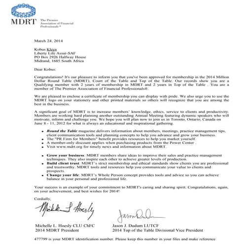 MDRT Membership 2014 Kobus Kleyn | PDF