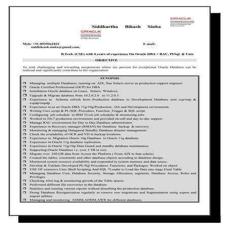 siddharthaBS_DBA | DOC | Databases | Computer Software and Applications