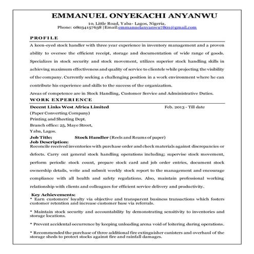 Anyanwu Emmanuel Stock Handler | DOCX | Logistics | Business