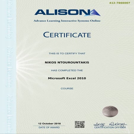 412-7866007 CERTIFICATE EXCEL | PDF