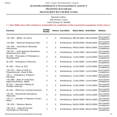 IEMA Training Transcript COLLINS 062014 | PDF