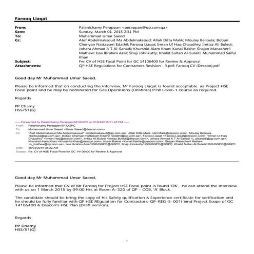 Approval of HSE Manager - PMP Project, Qatar Gas | PDF